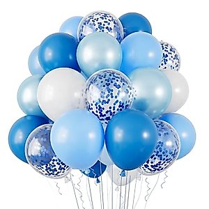 RUBFAC 100pcs 12 Inches Royal Blue Balloons, Royal Blue Confetti Balloons Light Blue Baby Blue and White Balloons for Boys Birthday Baby Shower Wedding Party Decoration
