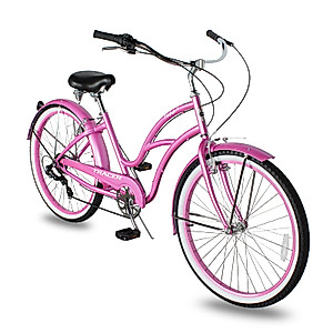 Tracer TAHA Beach Cruiser Bike for Women,26 Inch Wheels,Hi Ten Steel Frame,Shimano 7 Speed,Disc Brake,Hybrid Bike for Adults,Complete Cruiser Bikes,Pink