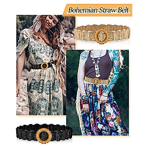Hercicy 3 Pcs Rattan Straw Woven Belt Bohemian Waist Rope Braid Belts for Women, Trendy Boho Ladies Skinny Dress Belt Multicolor