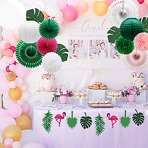 Meiduo Tropical Flamingo Palm Leaves Party Decorations with Paper Fans Paper Lanterns Pom Poms Flowers for Birthday Bridal & Baby Shower Bachelorette Hawaiian Beach Pool Summer (Green)