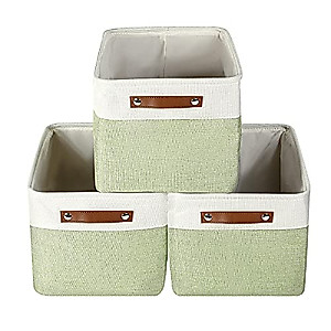 Lucky Monet 3PCS Foldable Fabric Storage Bin Set Collapsible Cotton Linen Storage Basket Cube Closet Organizer Box w/Faux Leather Handles (Green & White)