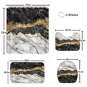 Nuseiis 4PCS Black Marble Shower Curtain Sets with Non-Slip Rugs,Bath Mat and Toilet Lid Cover,Shower Curtain Sets for Bathroom, Gold Modern Bathroom Sets with Shower Curtain and Rugs and Accessorie