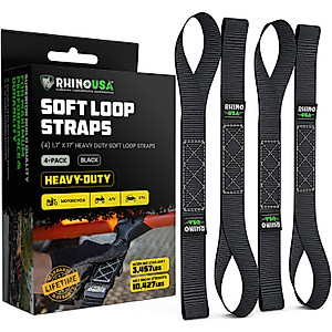 Rhino USA Soft Loop Motorcycle Tie-Down Straps (4PK) - 10,427lb Max Break Strength 1.7" x 17" Heavy-Duty Tie Downs for use w/Ratchet Strap (Black 4-Pack.)