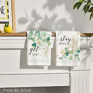 Artoid Mode Eucalyptus Get Cozy Love Home Kitchen Towels, 18 x 26 Inch Holiday Spring Summer Wedding Daily Fingertip Towel Tea Bar Hand Drying Cloth Kitchen Bathroom Gift Set of 4