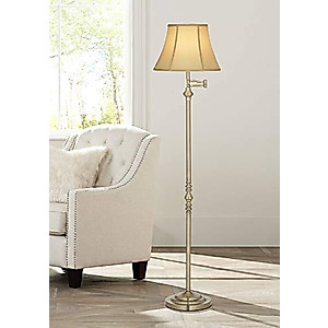 Regency Hill Montebello Traditional Adjustable Swing Arm Floor Lamp Standing 60" Tall Antique Brass Metal Column Golden Tan Bell Shade for Living Room Reading House Family Bedroom Home