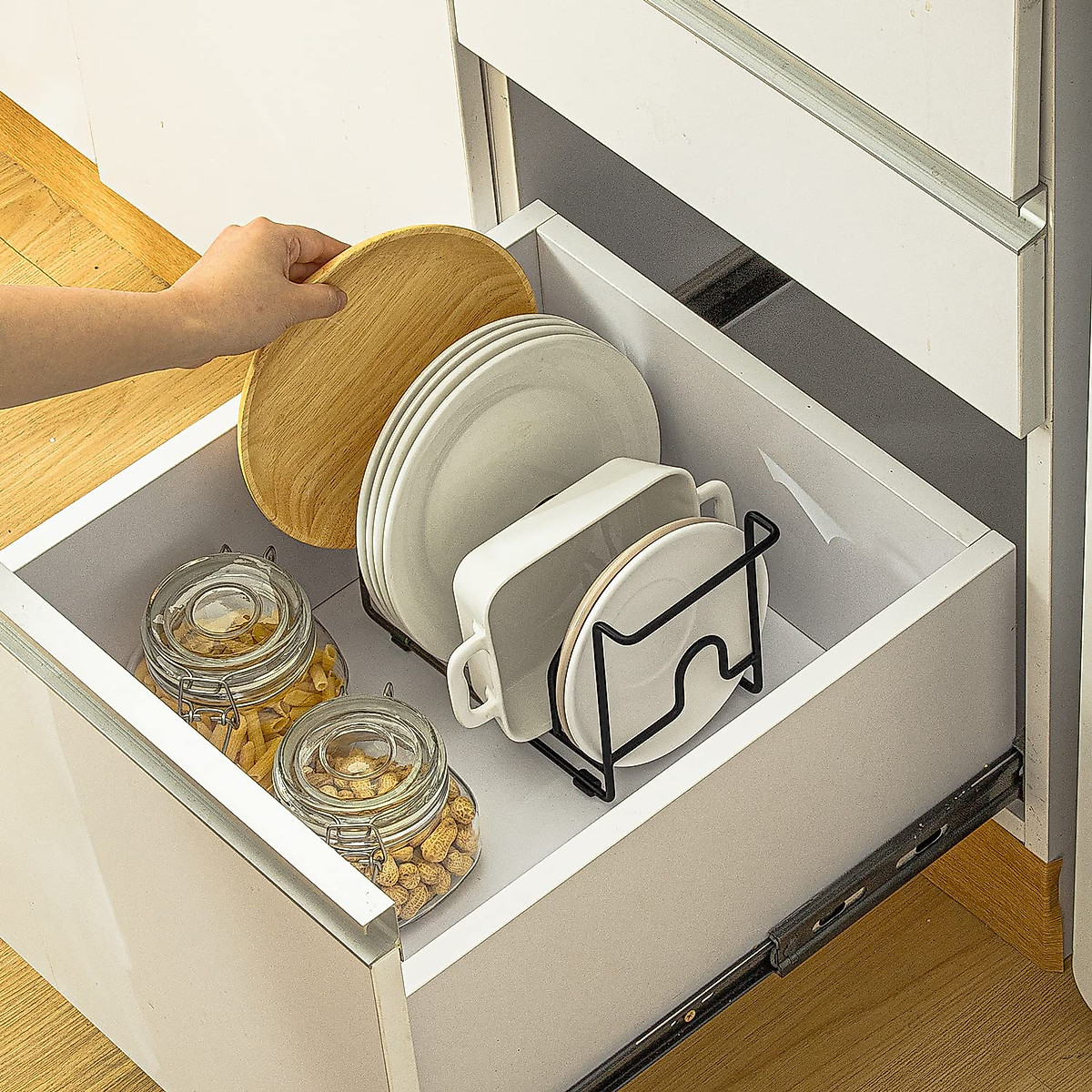 MORNITE Pots Pans Plates Organizer for Cabinet Kitchen, Bakeware Pan Pot Lid Holder Rack, Cutting Boards Pantry Tray Rack Cabinet Holder Dish Rack Black