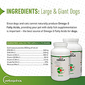 Vetoquinol Triglyceride Omega 3 Supplement for Dogs and Cats, Fish Oil Supplement with EPA and DHA, Promotes Skin, Coat, Joint, and Immune Health, Omega 3 Fish Oil for Dogs and Cats up to 30lbs, 250ct