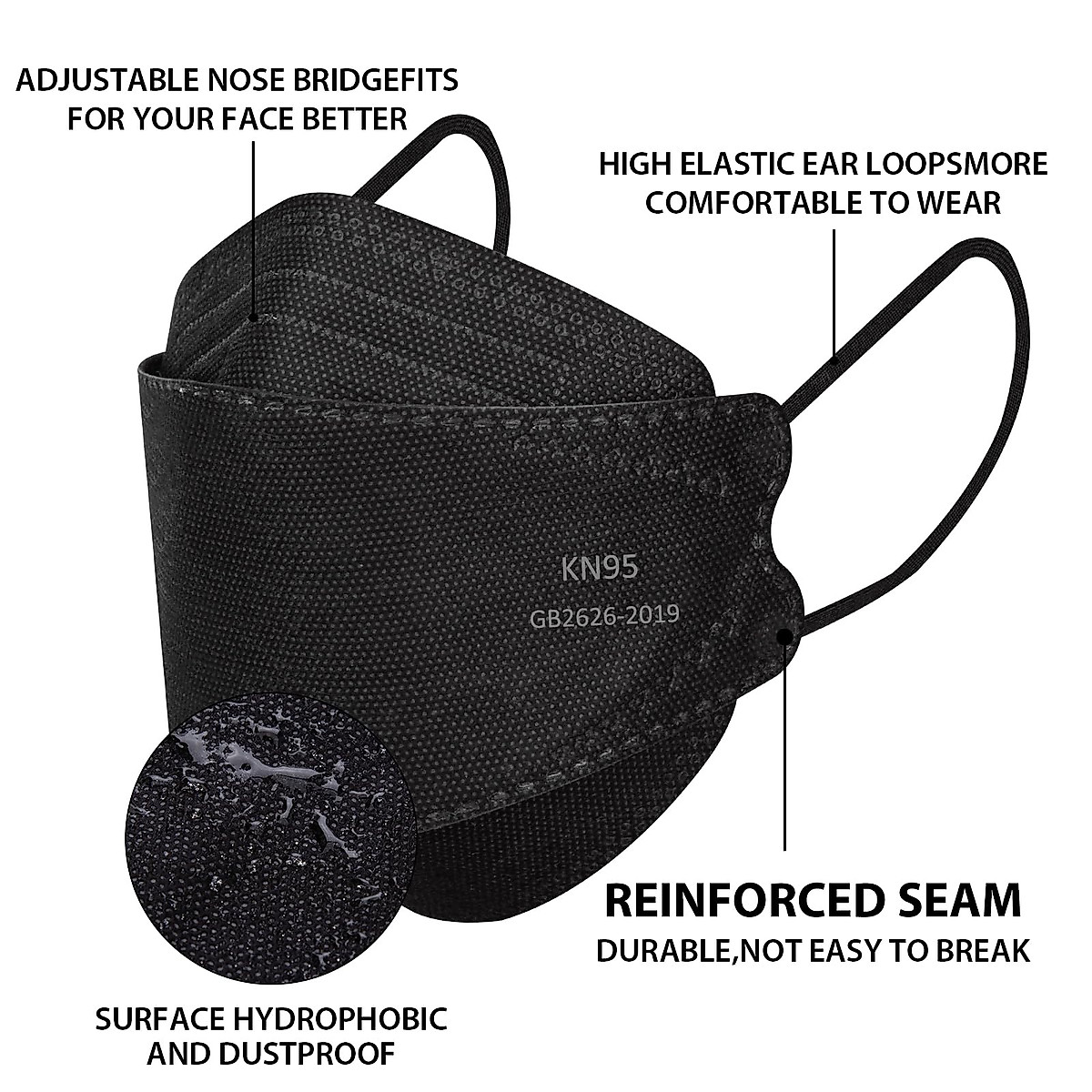 KN95 Face Masks for Adults 50 Pack, Individually Wrapped, 5-Ply Black Disposable Face Mask Against PM 2.5 Smoke & Dust, Filtration Efficiency 95%