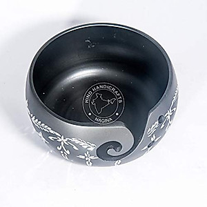 Hind Handicrafts Premium Solid Handmade Silver Diamond Engraved Metallic Finish Aluminium Portable Yarn Storage Bowl - Holder for Knitting Crochet Hook Accessories (Matte Black, 6" x 6" x 3")