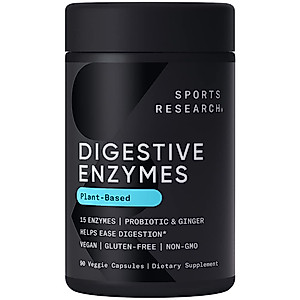 Sports Research Digestive Enzymes with Probiotics & Ginger - Plant Based for Dairy, Protein, Sugar & Carbs - Non-GMO Verified & Vegan Certified (90 Veggie Capsules)
