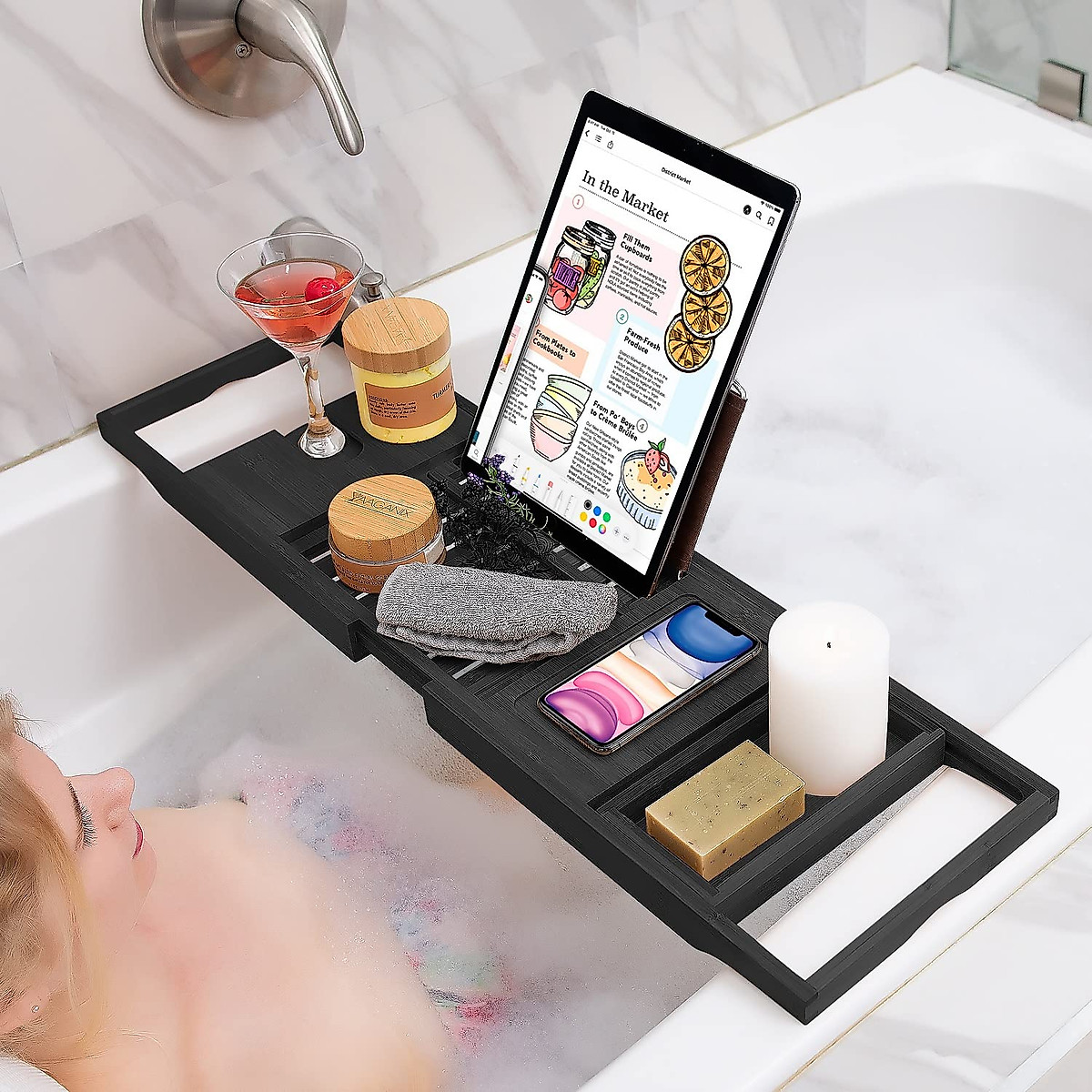 Homemaid Living Luxury Bamboo Bathtub Trays for Tub - Expandable Bathroom Tray with Reading Rack or Tablet Holder, Premium Bath Tray with Wine Glass Holder, Bathroom Caddy, Fits All Bathtubs (Black)