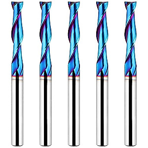 EANOSIC 5PCS Upcut Spiral Router Bit 1/4 inch Shank, 1/4 inch Cutting Diameter, Extra Long 3 inch Solid Carbide with Nano Blue Coating CNC Router Bits End Mill for Wood Cut, Carving