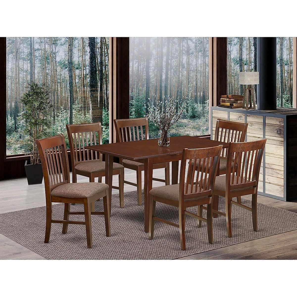 East West Furniture PSNO7-MAH-C 7 Piece Dining Room Furniture Set Consist of a Rectangle Wooden Table with Butterfly Leaf and 6 Linen Fabric Upholstered Chairs, 32x60 Inch, Mahogany