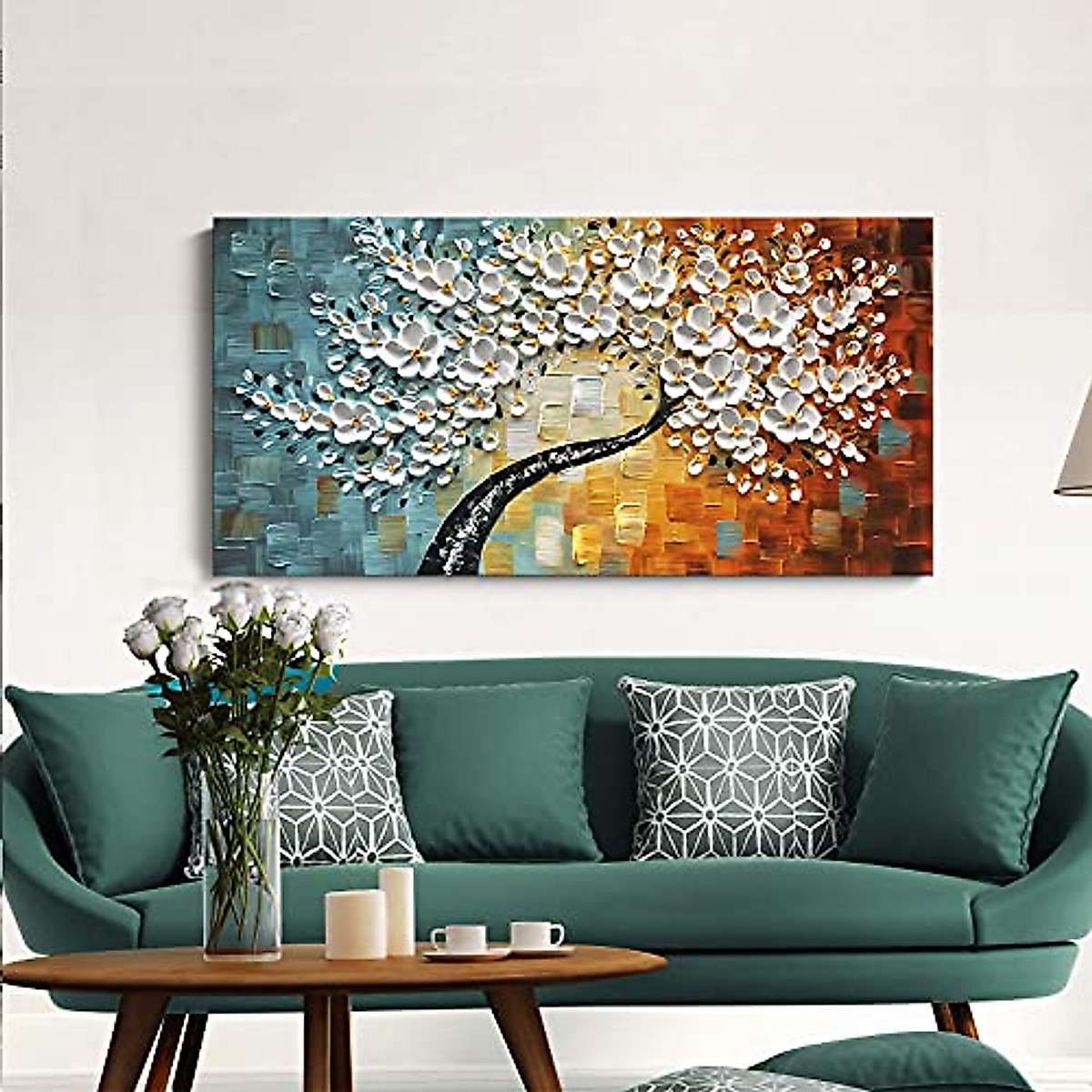 Diathou 20x40in 3D Abstract Paintings,Hand-Painted Painting of White Flowers and Trees, Canvas Wood Frame, Ready to Hang The Wall to Decorate The Living Room Bedroom