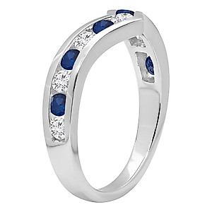 Dazzlingrock Collection Alternate Round Blue Sapphire & White Diamond Anniversary Stackable Chevron Band for Women in 14K White Gold, Size 5.5