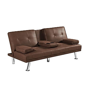 Convertible Folding Futon Sofa Bed with Metal Legs & 2 Cupholders, Modern Fabric Linen Upholstered Couch Loveseat Sleeper, Folding Couches Bed, Removable Armrests for for Small Spaces (Coffee)