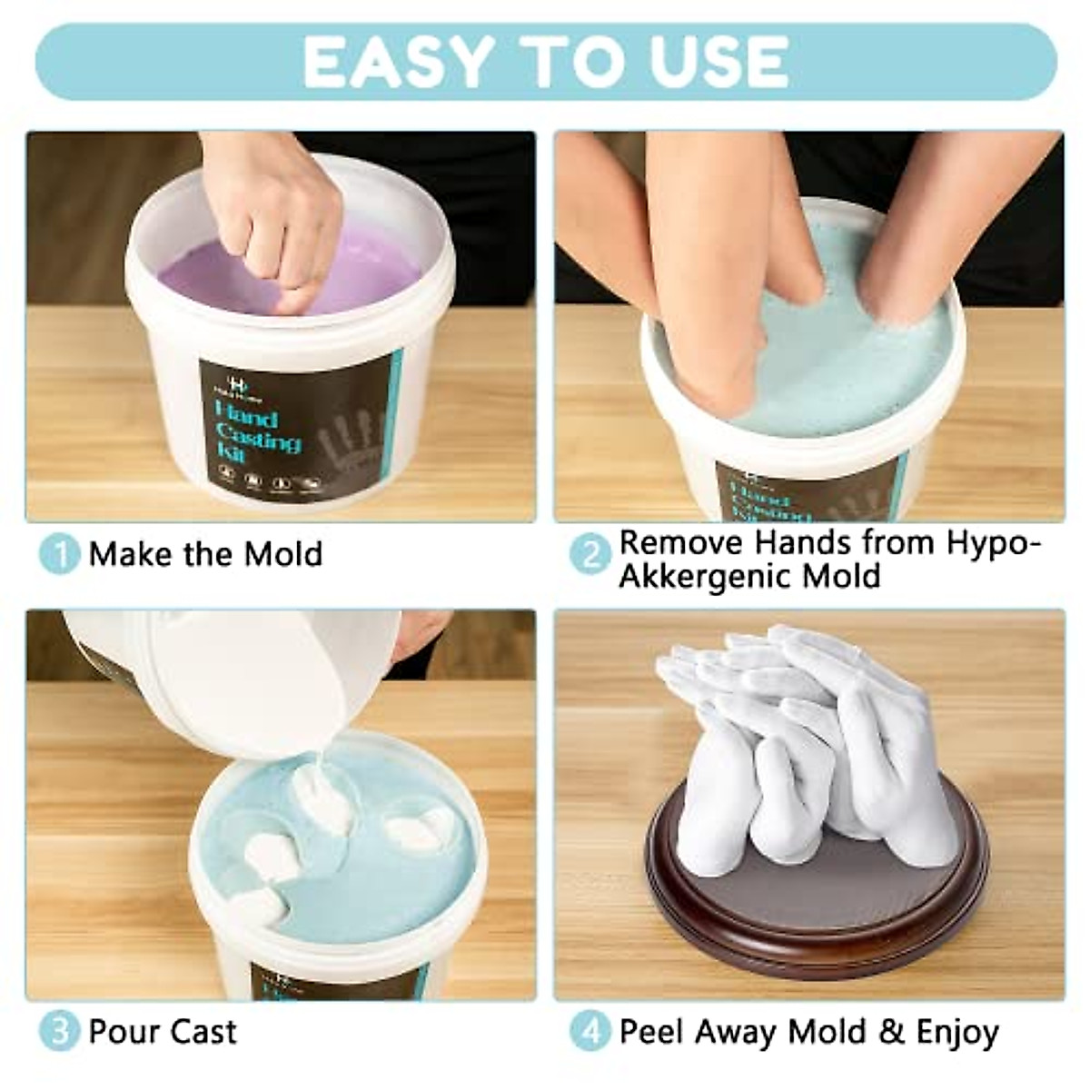 XL DIY Hands Casting Kit for Up to 6 People (Adults and Childrens) | Includes Wood Base | Statue Molding Kit | Hand Mold Keepsake Sculpture Kit for Birthday, Wedding, Anniversary