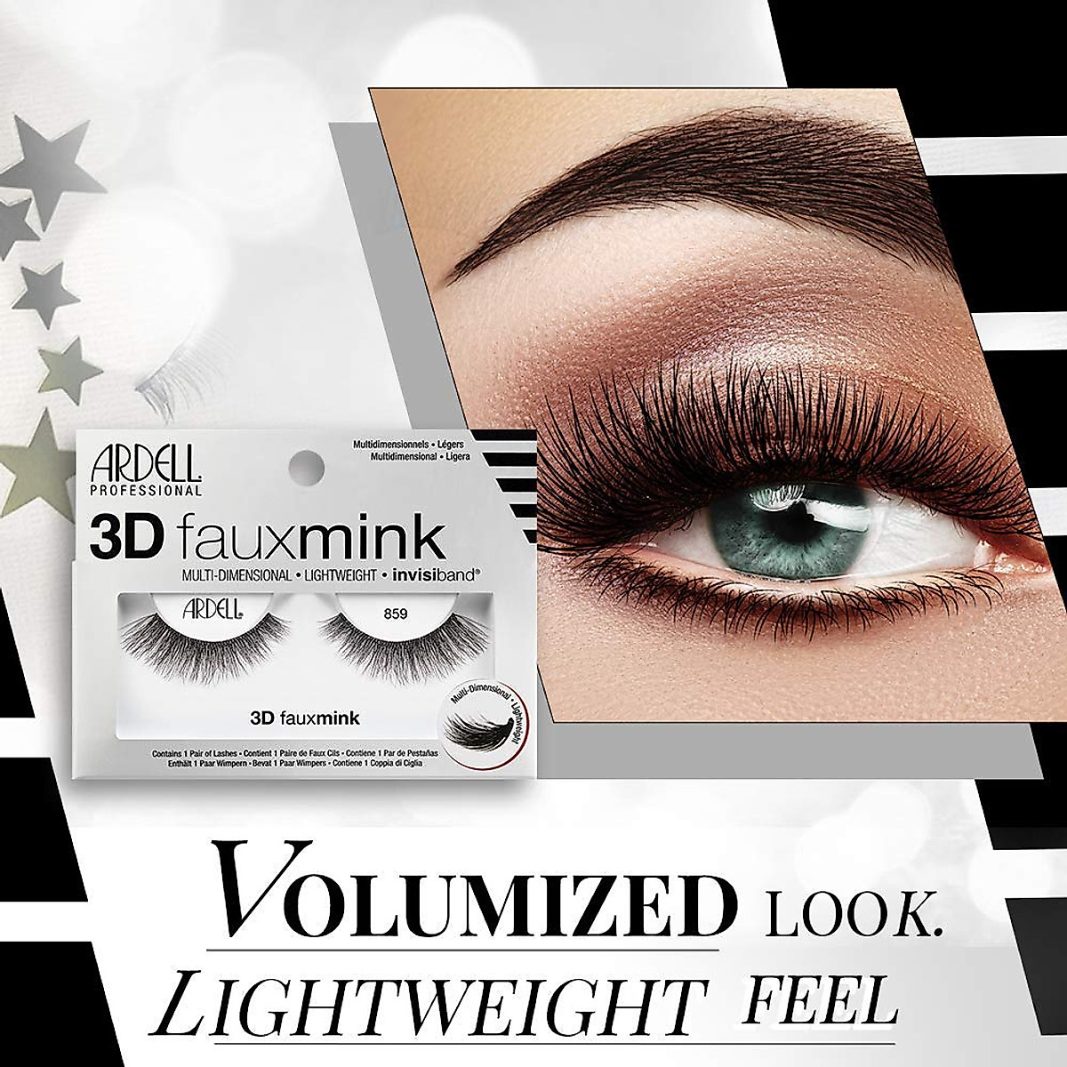 Ardell False Eyelashes 3D Faux Mink Lashes 859 - Lightweight Reusable Strip Lashes with Invisiband, Ultra-Fluffy Volume for a Natural Glam Look, 4 Pairs