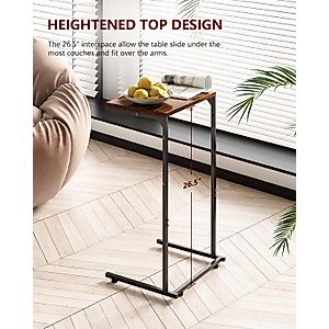 Evermagin C Shaped End Table with Charging Station, Small Side Table for Recliner, Over Couch Table with Outlet and Storage Bag, Slide Under Sofa Tray Table for Living Room, Bedroom, Rustic Brown