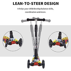 Scooters for Kids 3 Wheel Kick Scooter for Toddlers Girls & Boys, 4 Adjustable Height, Lean to Steer, Extra-Wide Deck, Light Up Wheels for Children from 3 to 14 Years Old (Pop Graffiti 2)