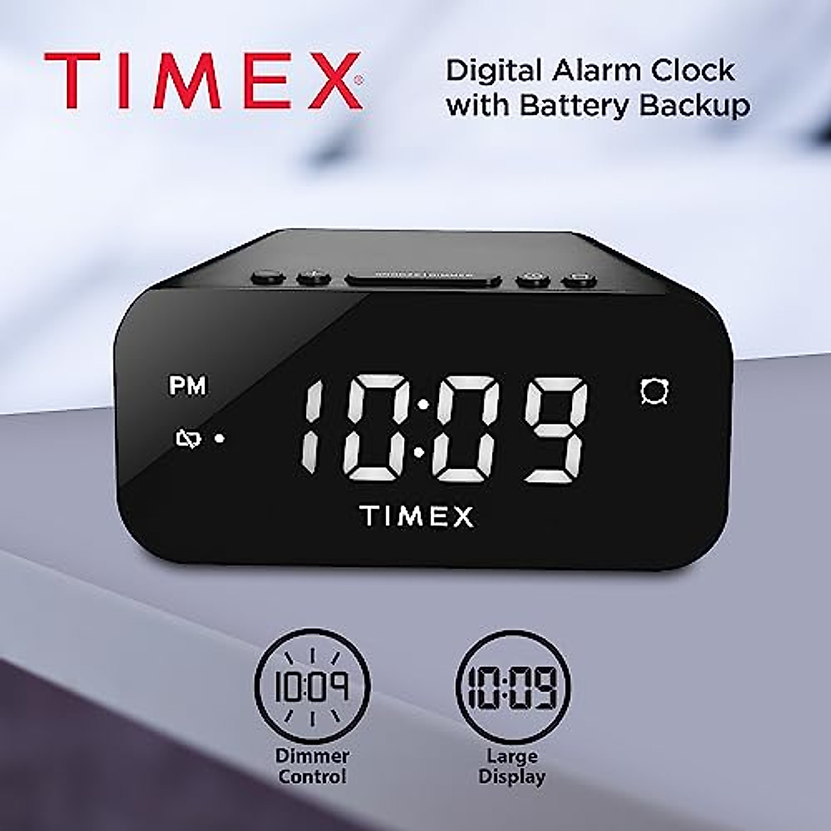 Timex Alarm Clock with Large Display, Digital Alarm Clock for Bedroom Includes 120V Universal Power Adapter (T121B - Black)