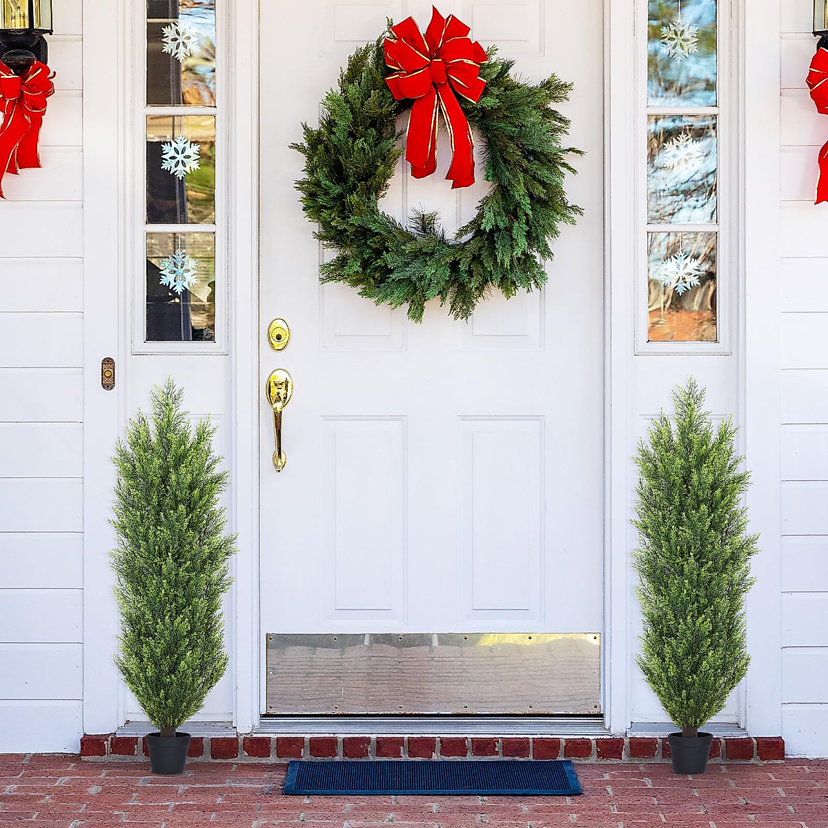 I.C.ELAINE 4 Foot Cedar Pine Topiary Trees Artificial Outdoor Set of 2 Pack, 4ft Fake Evergreen Plants UV Resistant, Faux Cypress Bushes and Shrubs for Front Door Porch Patio Planter Decor 48 Inch
