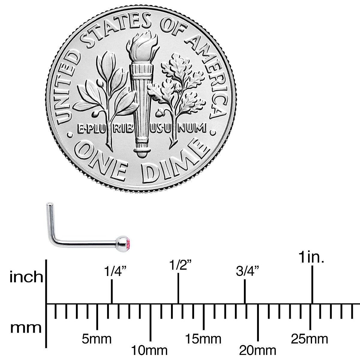 Body Candy Stainless Steel 1.57mm Pink Accent Micro L Shape Nose Stud Ring 20 Gauge