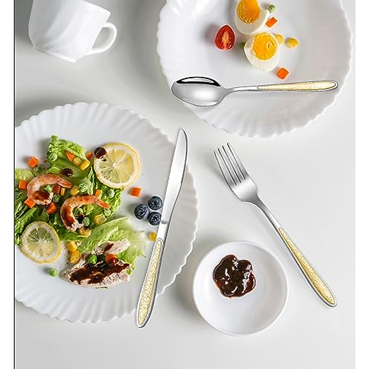 Silverware Set Cutlery Utensil Flatware Food-Grade Stainless Steel Luxury Relief Plating Retro Golden Handle Home Restaurant Small Business,Mirror Finish Tableware 24 Piece Service for 6