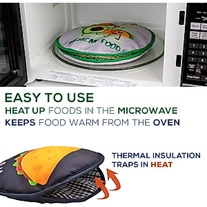 Microwaveable X-Large Tortilla Warmer Pouch 2 Pack - 2 Fun Designs "Taco Time" & "Mexican Food" to make taco night special. 12 Inch in Diameter Microwave Corn or Flour Tortillas, Pizza, Naan Bread