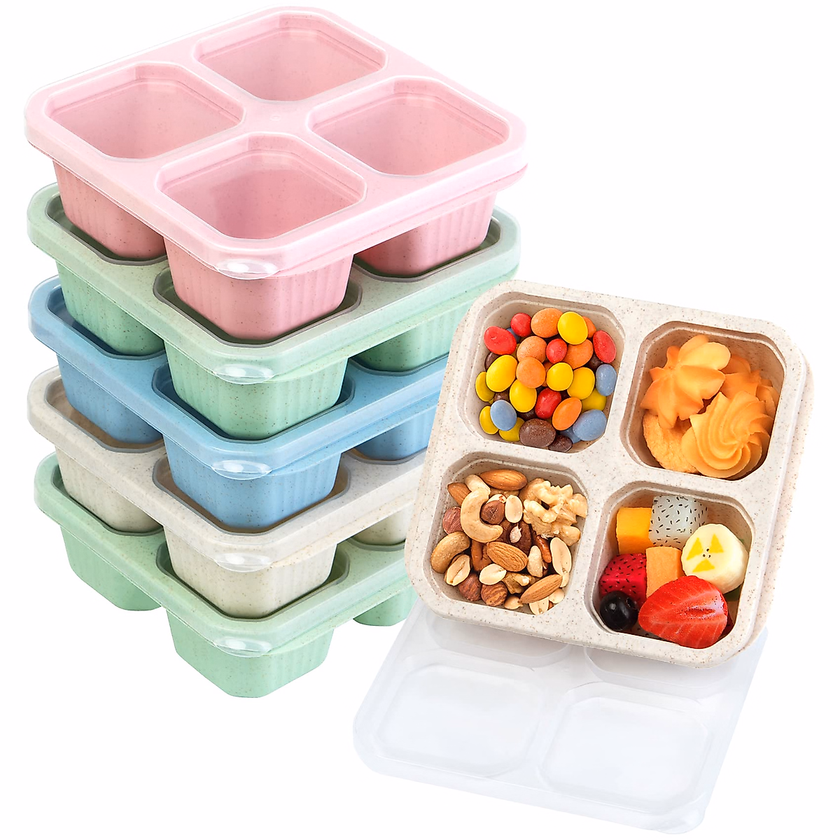 Korlon 6 Pack Snack Containers, 4 Compartments Snack Boxes for Kids, Wheat Straw Meal Prep Reusable Food Storage Lunch Containers for Adults & Kids