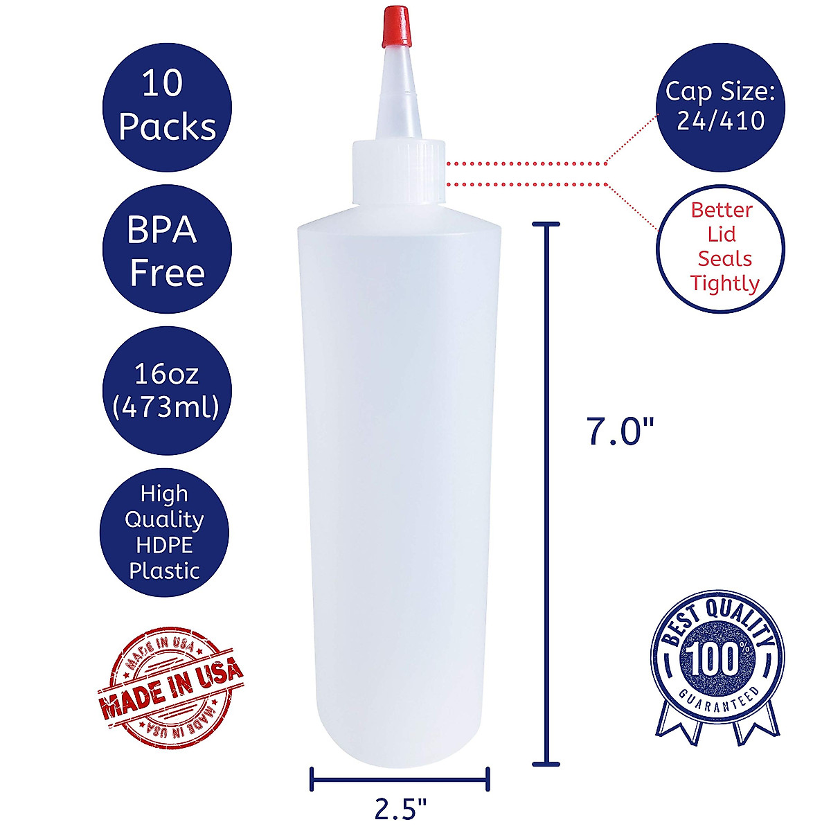 Kelkaa 16oz HDPE Durable Plastic Squeeze Bottles with Yorker Red Cap Natural Clear Bottles for Food, Crafts, Any DIY Liquid Products, Multi Purpose Refillable Bottles (Pack of 10)