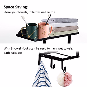 Towel Racks for Bathroom Wall Mounted, Wall Towel Rack for Rolled Towels, Bathroom Wall Organizers and Towel Storage, With Metal Shelf and 3 Hooks for Small Bathroom, Camper, RV Storage, Black