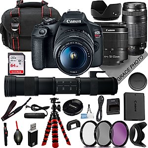Canon Rebel T7 Bundle: Includes 18-55mm is II Lens + EF 75-300mm Lens + 420-800mm Lens + Sturdy Tripod, 64GB Memory Card, Durable Carry Case, and 3-Piece Filter Kit,for Content Creators