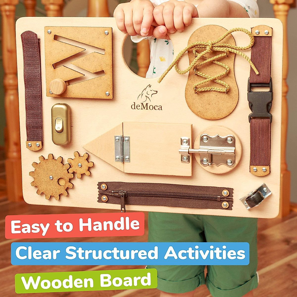 deMoca Montessori Busy Board for Toddlers, Wooden Toy with 10 Educational Activities to Develop Fine Motor Skills, Airplane & Car Travel Toy for Boys & Girls - Packaging May Vary