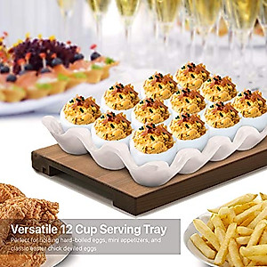 Flexzion Ceramic 12 Cups Egg Tray - Whole Dozen Porcelain Egg Holder Container Keeper Storage Organizer Decorative Serving Stand Serveware for Refrigerator Fridge Countertop Display Kitchen (White)