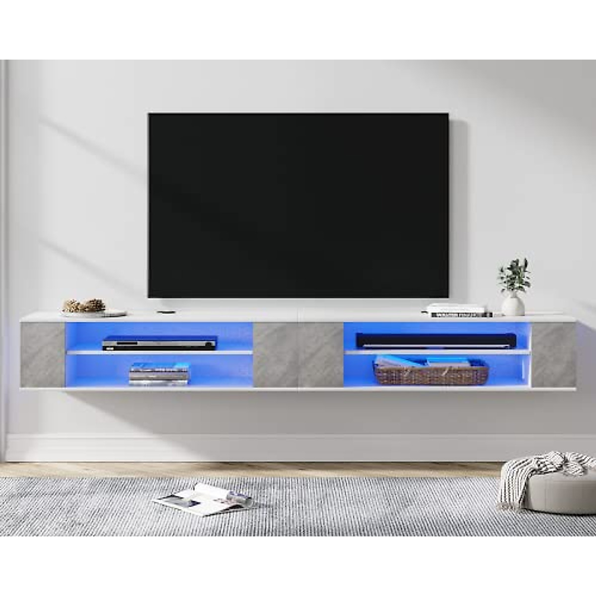 WAMPAT 2-in-1 Piece Floating TV Stand with Led Lights,79" Floating Entertainment Center Up to 80 Inch TVS, TV Cabinet Media Console Wood Storage Hutch Under TV for Living Room,Grey&White