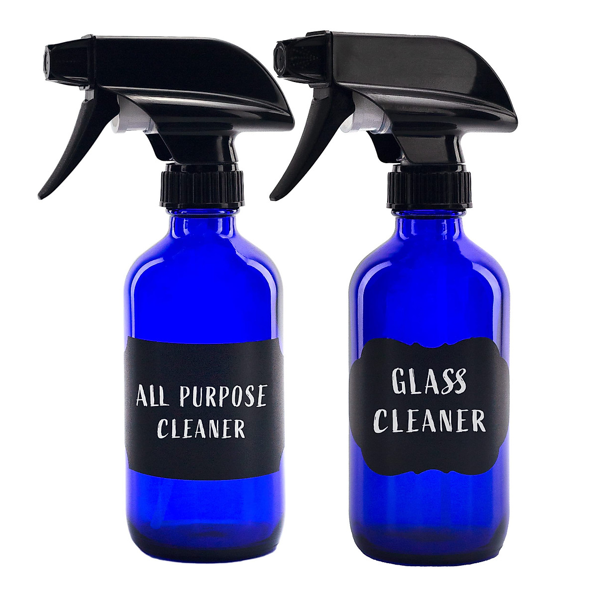 Cornucopia 8-Ounce Cobalt Blue Glass Boston Round Spray Bottles (2 Pack) 3-Setting Heavy Duty Sprayers, Empty Refillable Bottle for Essential Oil Blends, DIY Cleaning & More