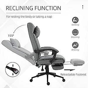 Vinsetto Executive Linen-Feel Fabric Office Chair High Back Swivel Task Chair with Adjustable Height Upholstered Retractable Footrest, Headrest and Padded Armrest, Light Grey