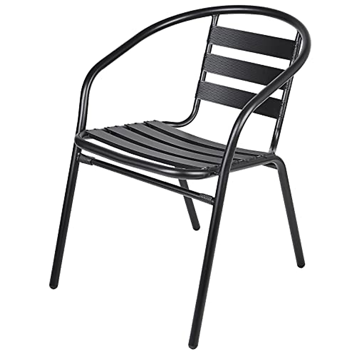 BTEXPERT Indoor Outdoor 23.75" Restaurant Stainless Steel Metal Aluminum Slat Stack Commercial Lightweight, 4 Chairs with a Square Table, Silver/Black