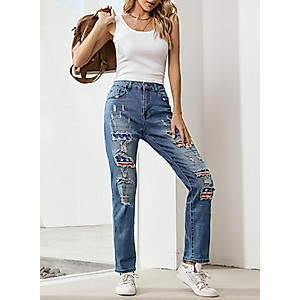 EVALESS Ripped Jeans for Women Plus Size Boyfriend Distressed Patchwork Print Democracy Mom Jeans 2025 Fashion Wide Leg Losse Baggy American Eagle Denim Pants with Hole Blue XX-Large