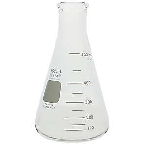 Corning 4980-500 Pyrex Narrow Mouth Erlenmeyer Flask with Heavy Duty Rim, 100 mL capacity-500 mL Capacity Graduation Range, Rubber Stopper Number 7, 101 mm Diameter