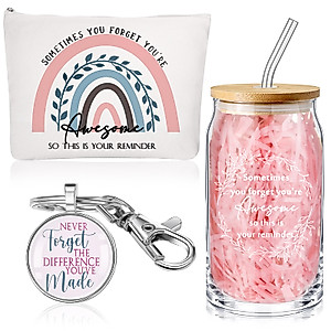 Yaomiao 3 Pcs Christmas Employee Appreciation Gift for Women Thank You 16 oz Glass Cup Makeup Bag Keychain for Teacher(Awesome)