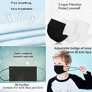 mystcare Kids Disposable Face Mask 50 Pack Ages 5-12 Filter 3-Layer Safety Face Masks for Kids Daily Use.All Metal Nose Clips(Black)