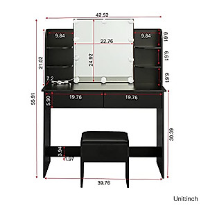 Voohek, Black Large Vanity Set with 10 LED Light and Mirror, Makeup Table with Cushioned Stool, 6 Storage Shelves 2 Drawers, Dresser Desk for Women, Girls, Bedroom