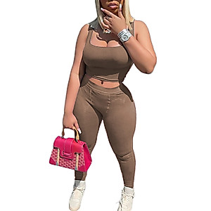 LICOBOD Casual Workout Sets 2 Piece Outfits for Women Ribbed Crop Tank Top High Waist Yoga Leggings Lounge Wear Tracksuit