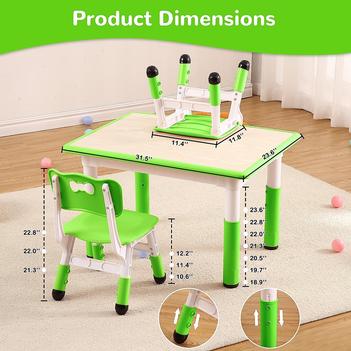 GarveeHome Kids Table and 4 Chairs Set, Toddler Height Adjustable Desk with Graffiti Desktop, Non-Slip Legs, Max 300lbs,Arts & Crafts Table，Children Multi-Activity Table for Classrooms,Home,Daycares