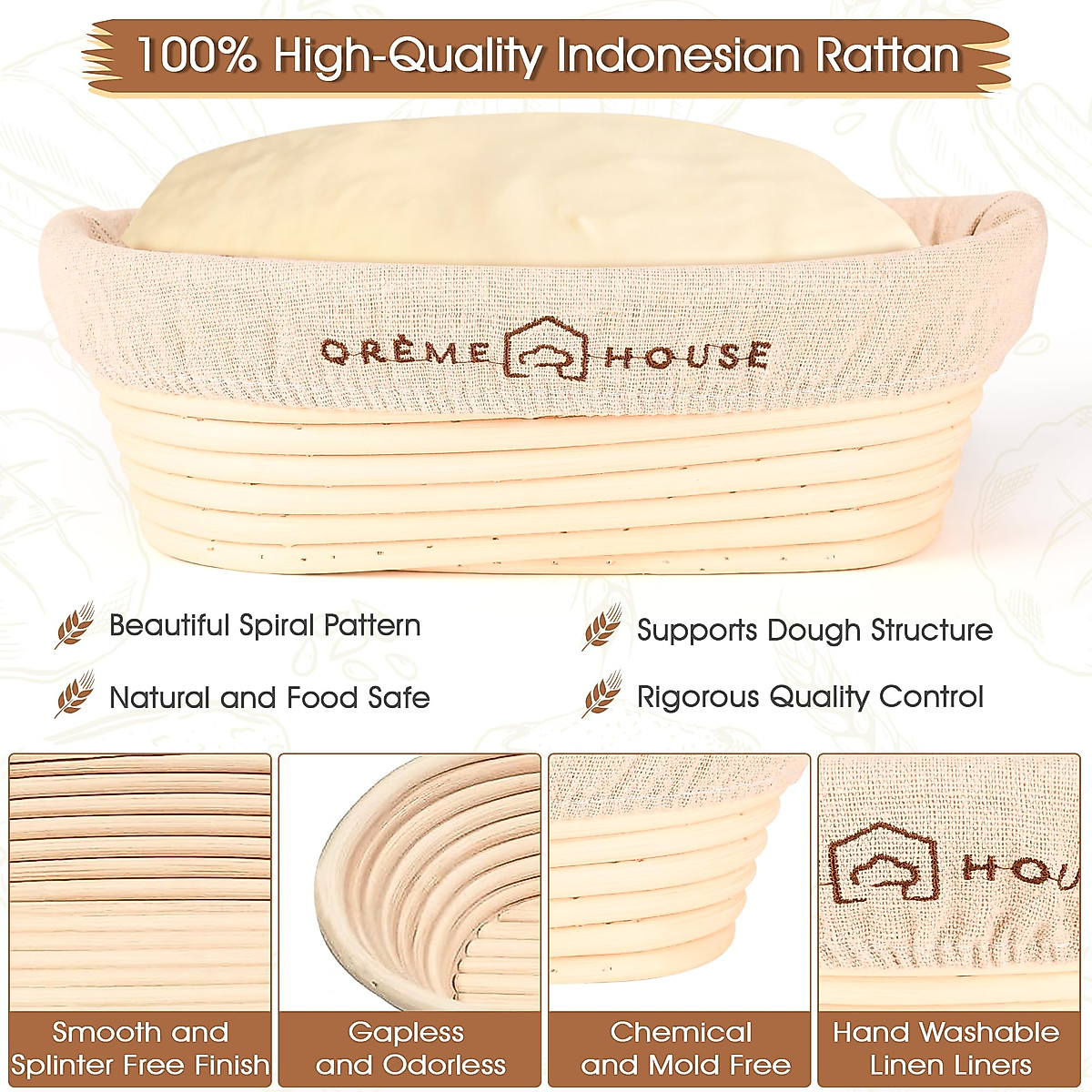 Sourdough Proofing Baskets For Bread Baking Set of 2 - Round 9" & Oval 10" - Qrème House Premium Banneton Bread Proofing Basket Kit For Easy Artisan Bread Making With Bread Lame, Dough Whisk & Scraper