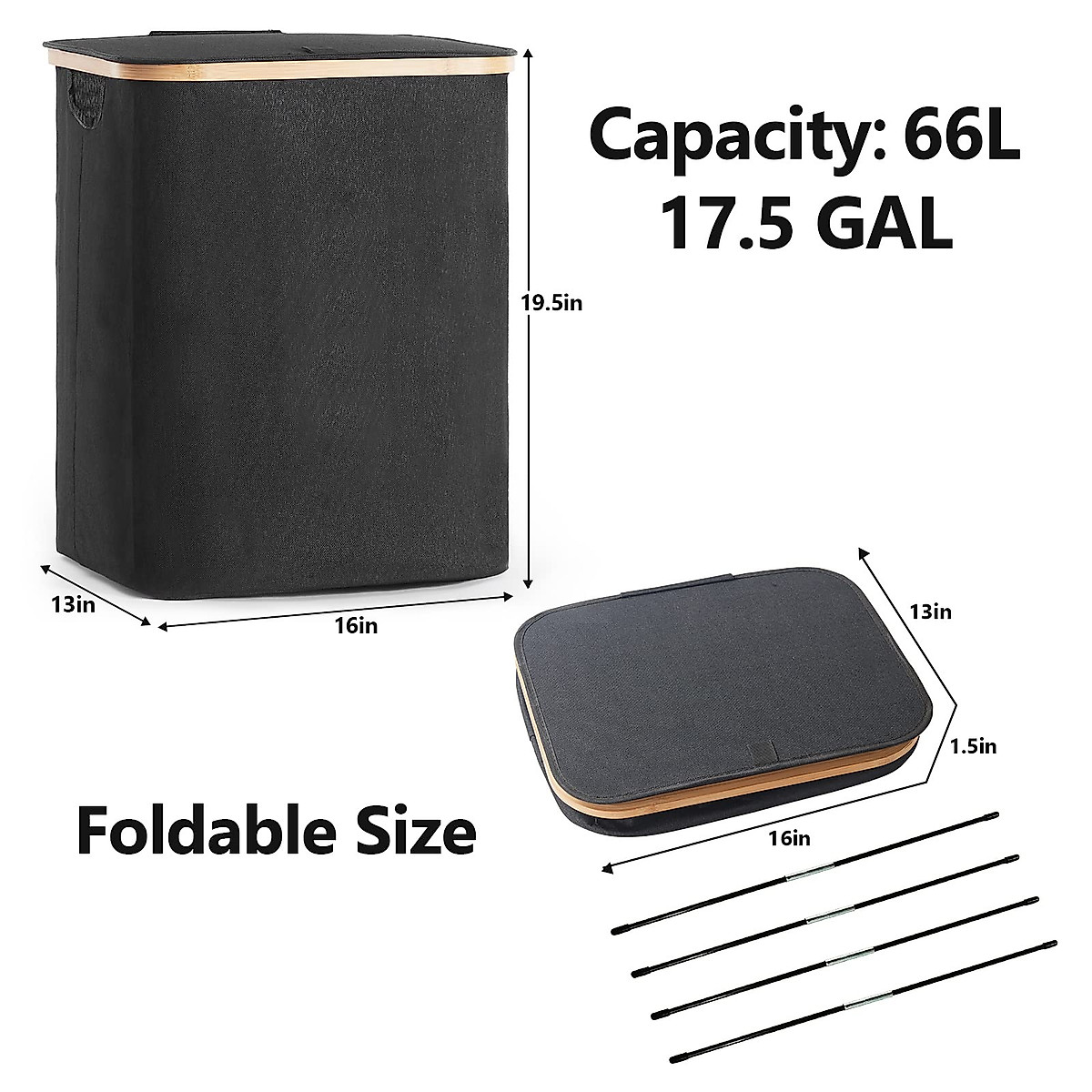 YOUDENOVA 66L Large Laundry Basket with Lid, Collapsible Dirty Clothes Hamper with Handle, Closet Storage Bin for Bedroom, Bathroom, Dorm (Black)