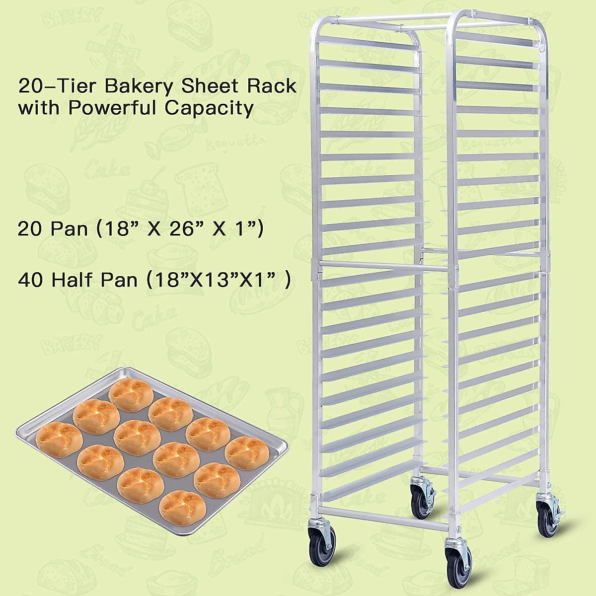 ReunionG 20 Tier Bun Pan Rack, Bakery Rack with 2 Lockable Wheels, 20 Sheet Aluminum Storage Cooling Trolley with Open Shelf, Dough Pizza Baking Mobile Rack for Home Commercial