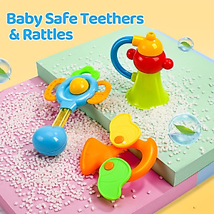 CUTE STONE Baby Rattles Toys Set, Babies Teethers Toys for Baby 3-12 Months, Early Development Learning Toy with Grasp, Spin Rattle Set and Storage Box, Newborn Infant Birthday Gifts for Girls & Boys